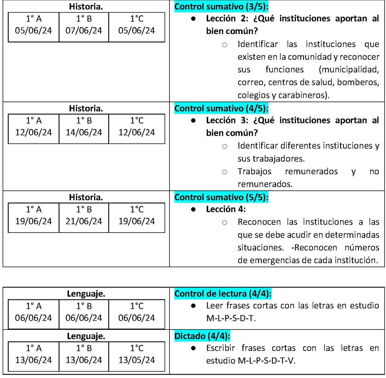 Calendario y contenidos: Evaluaciones de junio 1ros básicos | Colegio ...